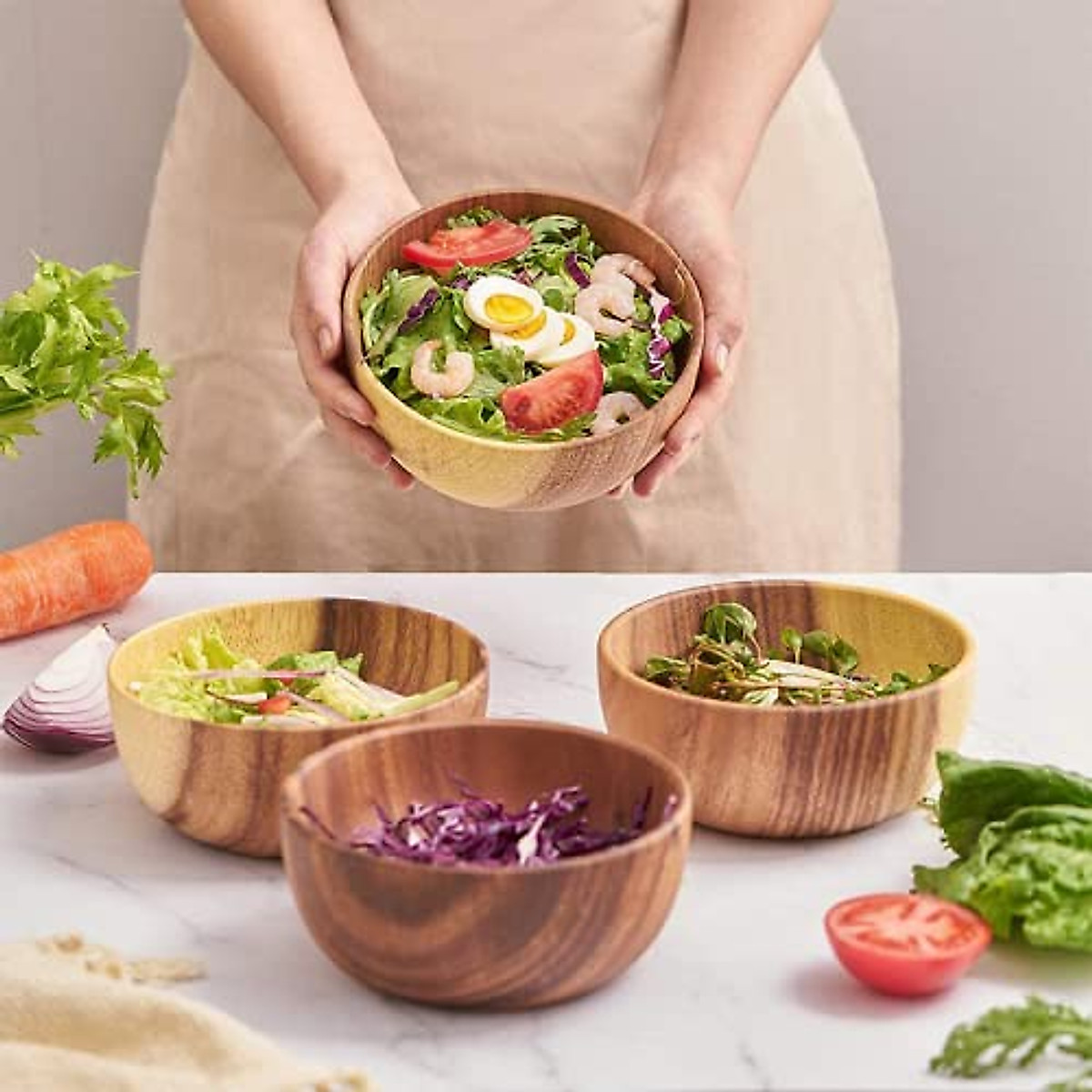 Hand-Crafted From Solid Acacia Wood Salad Bowls 7.1 or 7.9 Inches Set of 2 Individual Large Wood Bowl for Fruits Salads and Decoration Fruit Bowl for Snacks