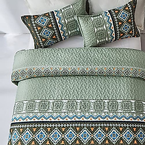 Boho Quilt Set King,3 Piece Olive Green Bedspread Coverlet Set with Geometry Printed for All Season, Lightweight Oversized Bohemian Bedding Set 104"×90"