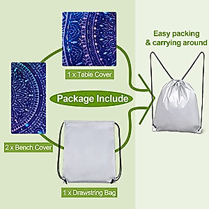 Picnic Table Cover with Bench Covers 3 Pcs Waterproof Windproof Camping Tablecloth with Drawstring Bag, Fitted for 6 Foot Rectangle Tables and Seats, Blue Purple