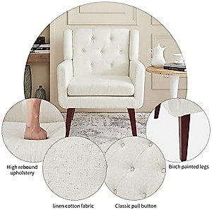 Accent Chair Button-Tufted Upholstered Living Room Chairs Comfy Reading Chair Mid Century Modern Chair with Linen Fabric Lounge Arm Chairs for Living Room Bedroom (Beige)