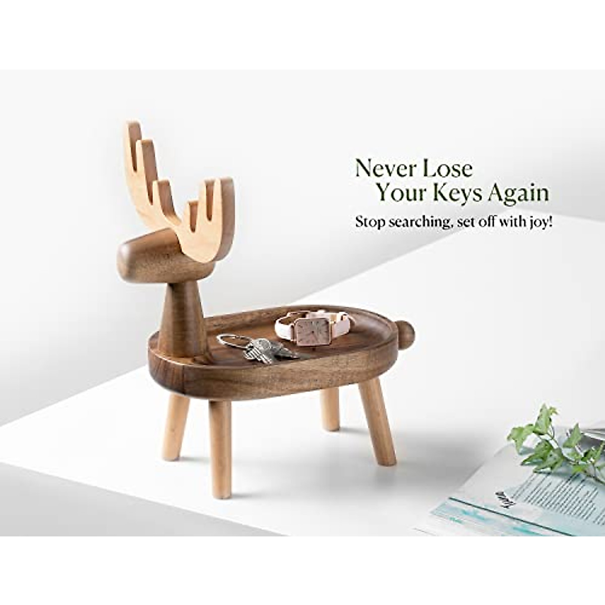 Dofira Deer Wood Key Tray for Entryway Table, Jewelry Holder Organizer, Decorative Catchall Tray with Antler Hanging Rack & Serving Platter, Lucky Gift for Christmas, Birthday, Wedding, Anniversary
