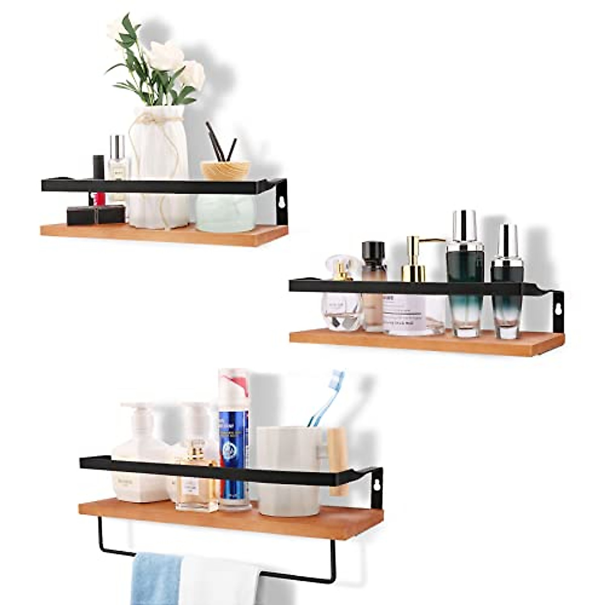 Floating Shelf Wall Mounted Set of 3, Kitchen Bathroom Storage Rack Wood Shelves with Guard Towel Rack, Wood Decorative Wall Shelf