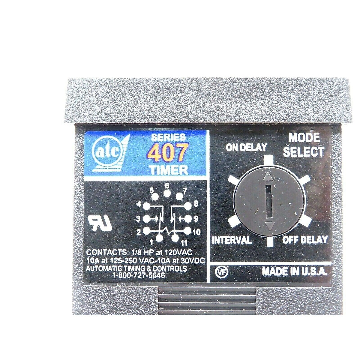 ATC 407C-100-F-3-X 1/16 DIN Multi-Mode Timer, 6 Dial-Selected Ranges, 24 to 240 VAC (50/60 Hz), 11-Pin On-Delay, Off-Delay, Standard