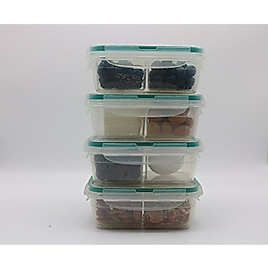 PlastArt Fresh Box Rectangle Set, Multi Piece Food Storage Container with 2 Divided Removable Compartment, Portion Control Set, 1.7-cup, 4 Pack, Clear