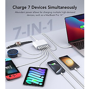 185W USB C Fast Charger Block, 7 Port USB C Charger Charging Station Hub Brick Multiport Charger Laptop Power Adapter for MacBook Pro Air iPad Pro iPhone 15 14 13 12 Galaxy Note S23 Pixel Steam Deck