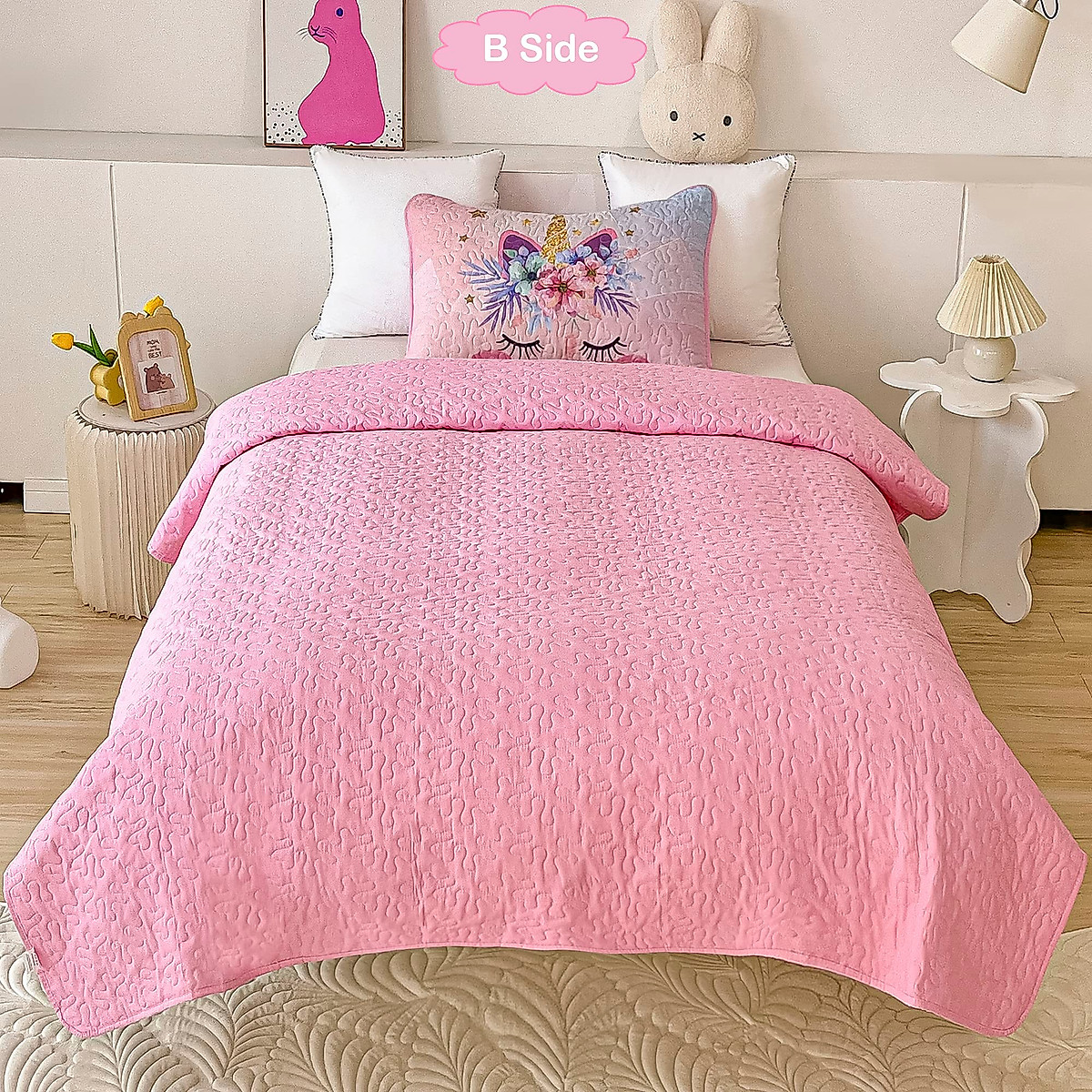 Twin Size Quilt Set for Girls 2-Piece Pink Unicorn Kids Comforter Bedding Set Stars Flowers Reversible Quilted Bedspread Coverlet Lightweight Bed Sheet Set Cover Throw Blanket with Pillow Sham