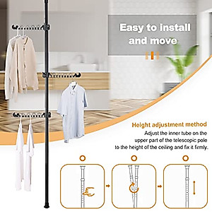 Hershii Telescopic Clothing Rack for Hanging Clothes Laundry Tension Pole 4 Tiers Coat Tree Garment Drying Stand Floor to Ceiling Corner Storage Organizer Holder for Indoor, Balcony - Black