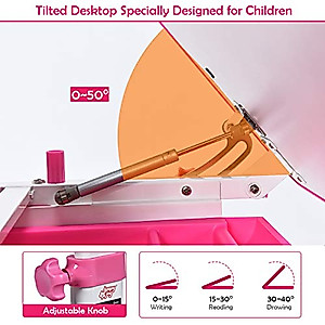 BABY JOY Kids Desk and Chair Set, Height Adjustable, Student Study Table with Storage Drawer, Bookshelf and Tilted Desktop, Children Writing Table for Studying, Reading and Drawing (Pink)