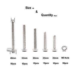 binifiMux 80 Pieces M5 Round Pan Head Phillips Machine Screws and Hex Nuts Assortment Kit, 20mm /25mm /30mm /35/mm /40mm,304 Stainless Steel