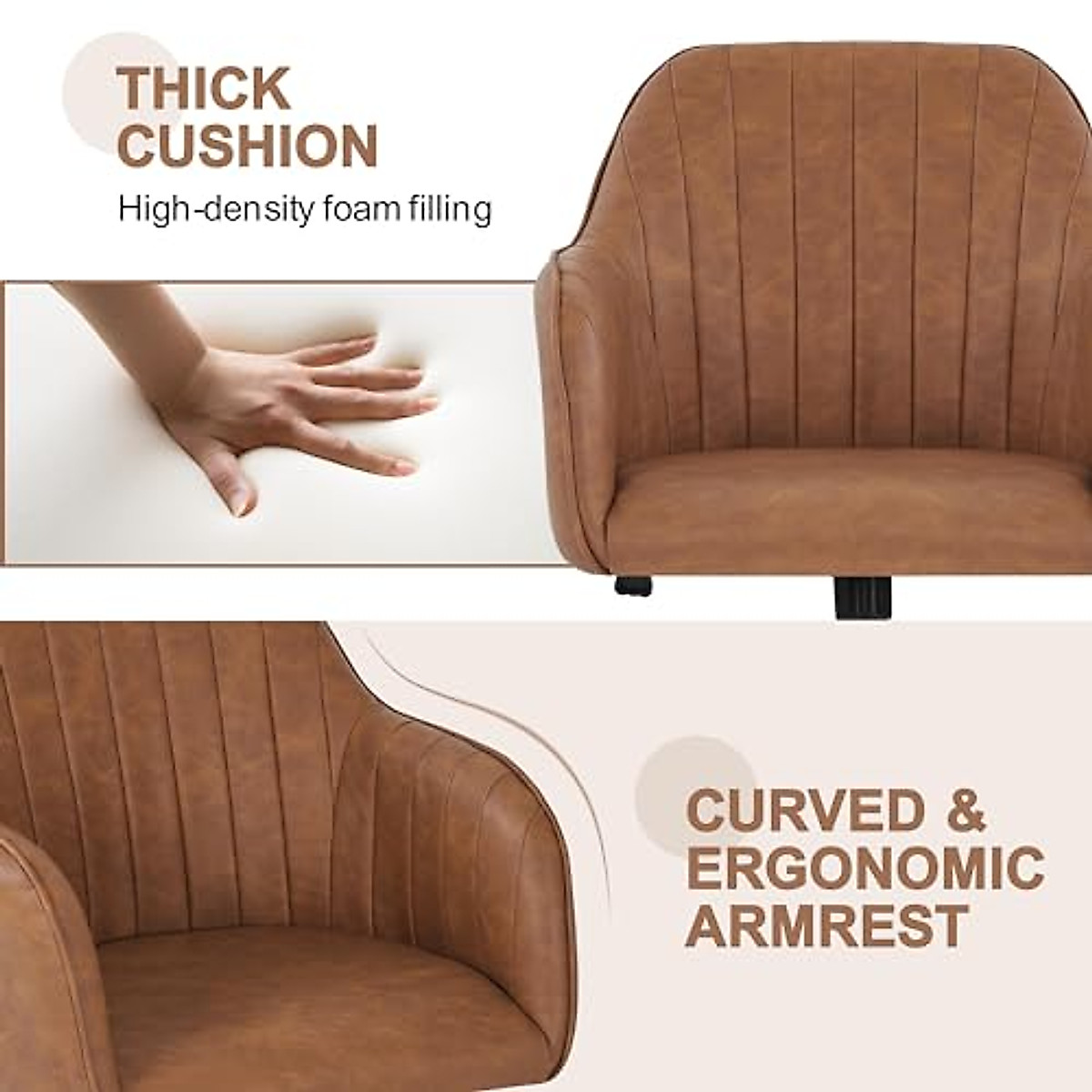 Yaheetech Modern Faux Leather Desk Chair Height Adjustable Task Chair Swivel Office Chair Makeup Chair Computer Chair Mid Back Chair Living Room Chairs with Arms Retro Brown