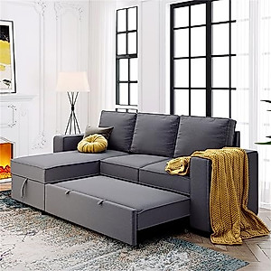 DOUBAO 91" Reversible Pull Out Sleeper Sectional Storage Sofa Bed,Corner Sofa-Bed with Storage Chaise Left/Right Handed Chaise