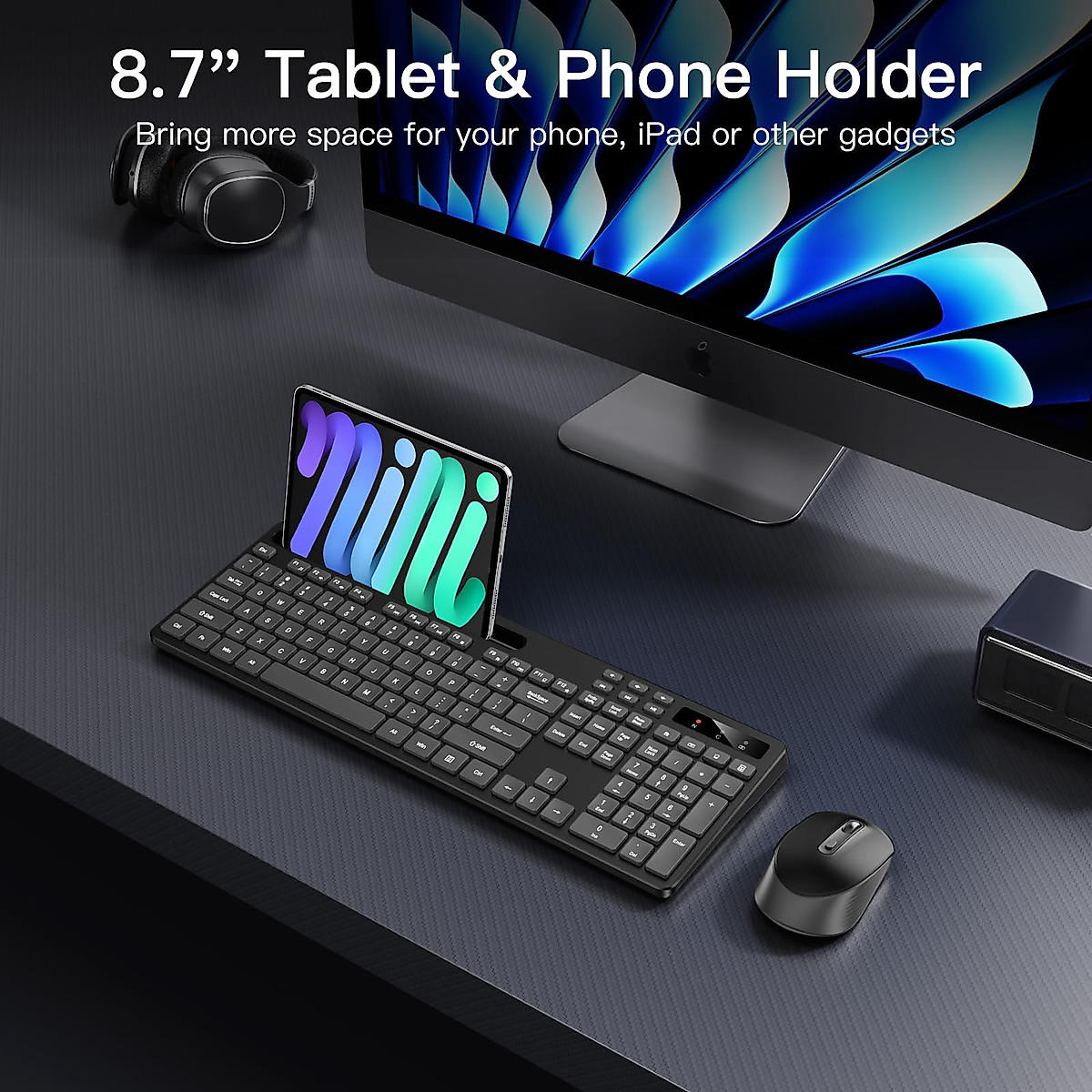 Wireless Keyboard and Mouse Combo, Soueto 2.4G Full-Sized Computer Keyboard with Phone Tablet Holder, 22 Multimedia Shortcuts, Numeric Keypad, 6 Button Silent Mouse for Windows, Mac (Space Black)