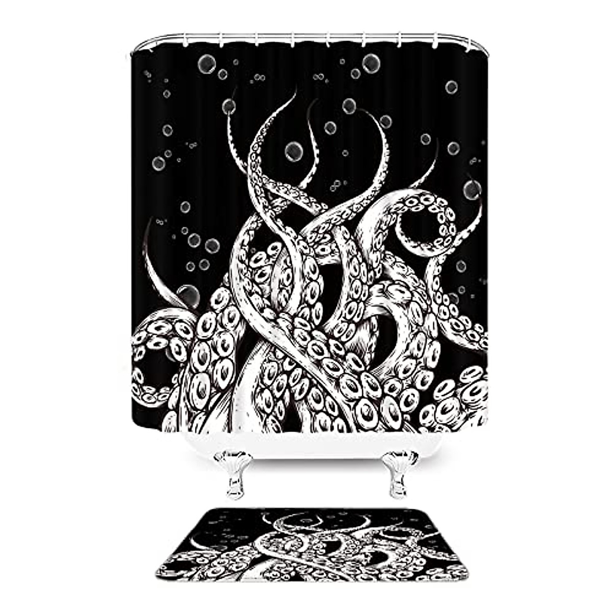 TFGGNDF 2 Piece Octopus Shower Curtain Sets with Bath Mat,White Octopus Tentacles Black Background Ocean Kraken 70"x 70" Bathroom Curatin with 12 Hooks and Bath Rugs