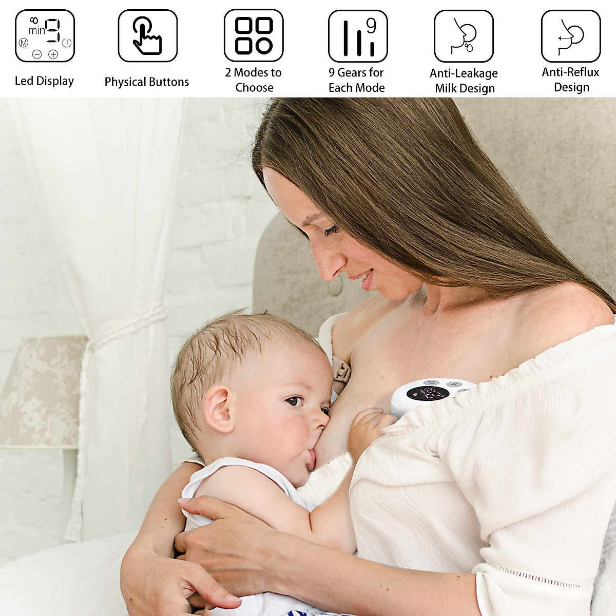 Wearable Breast Pump,Portable Hands Free Breast Pump with LCD Display, 2 Modes & 9 Levels of Suction, Memory Function, Handsfree & Painless,24mm Flange (White-Single)