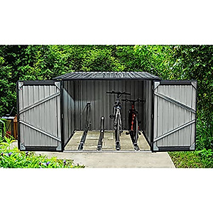 Hanover Galvanized Steel Bicycle Storage Shed with Slope Roof and Twist Lock and Key in Dark Gray, Stores up to 4 Bikes