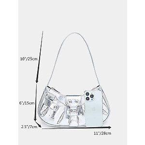 Verdusa Women's Pleated Hobo Shoulder Bag Metallic PU Leather Clutch Handbag Silver one-size