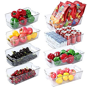 SIMPLYKLEEN Set of 8 Home Pantry Organizer Bins - 4 Large and 4 Medium - Stackable Plastic Clear Food Storage Bin with Handles for Freezer