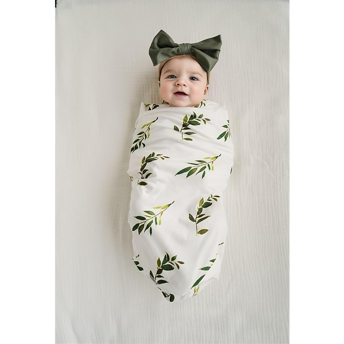 Little Jump stretchy baby Swaddle Blanket and Hat Bow Set, Olive Branches Jersey Cotton Receiving Blanket, newborn hospital outfit for Boys (Green)