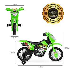 Best Choice Products Kids 6V Ride On Motorcycle w/Treaded Tires, Working Headlights, 2mph Top Speed, Training Wheels, Realistic Sounds, Music, Battery Charger - Green