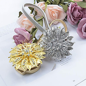 ManFull Curtain Tiebacks,Rhinestone Flower Magnetic Curtain Buckle Tieback Holdback Drape Holder Decor Curtain Holdbacks for Home/Office Window Sheer Drapes Tie Backs Holder Silver