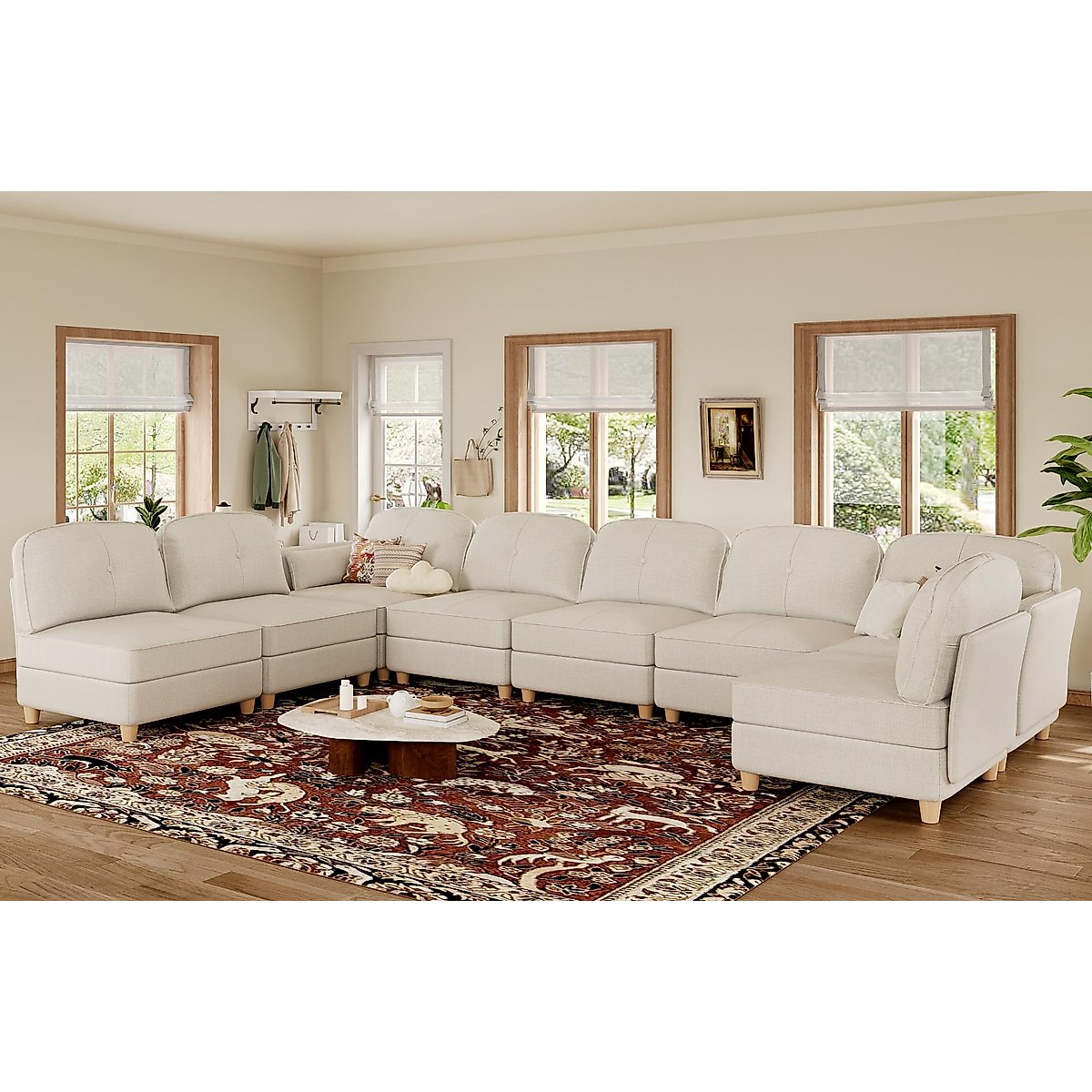 LLappuil Oversized Modular Sectional Fabric Sofa Set, Extra Large L Shaped Couch Reversible Chaise Modular Sectional Couch, 113.5 inch Width,8 Seat Modular Sofa with Storage Ottoman, Linen,Off White