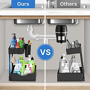 2 Pack Under Sink Organizer, L-Shaped 2-Tier Sliding Basket Organizer with 4 Hooks and Hanging Cup,Multi-purpose Organizer and Narrow Space Storage Shelf for Bathroom Kitchen Cabinet, (Black 2 Pack)