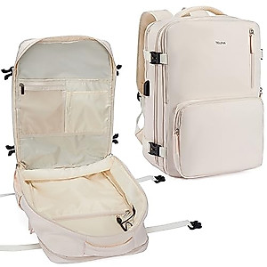 Telena Travel Backpack for Women Large Carry On Backpack Airline Approved Personal Item Backpack with USB Charging Port Waterproof Casual Bag, Beige