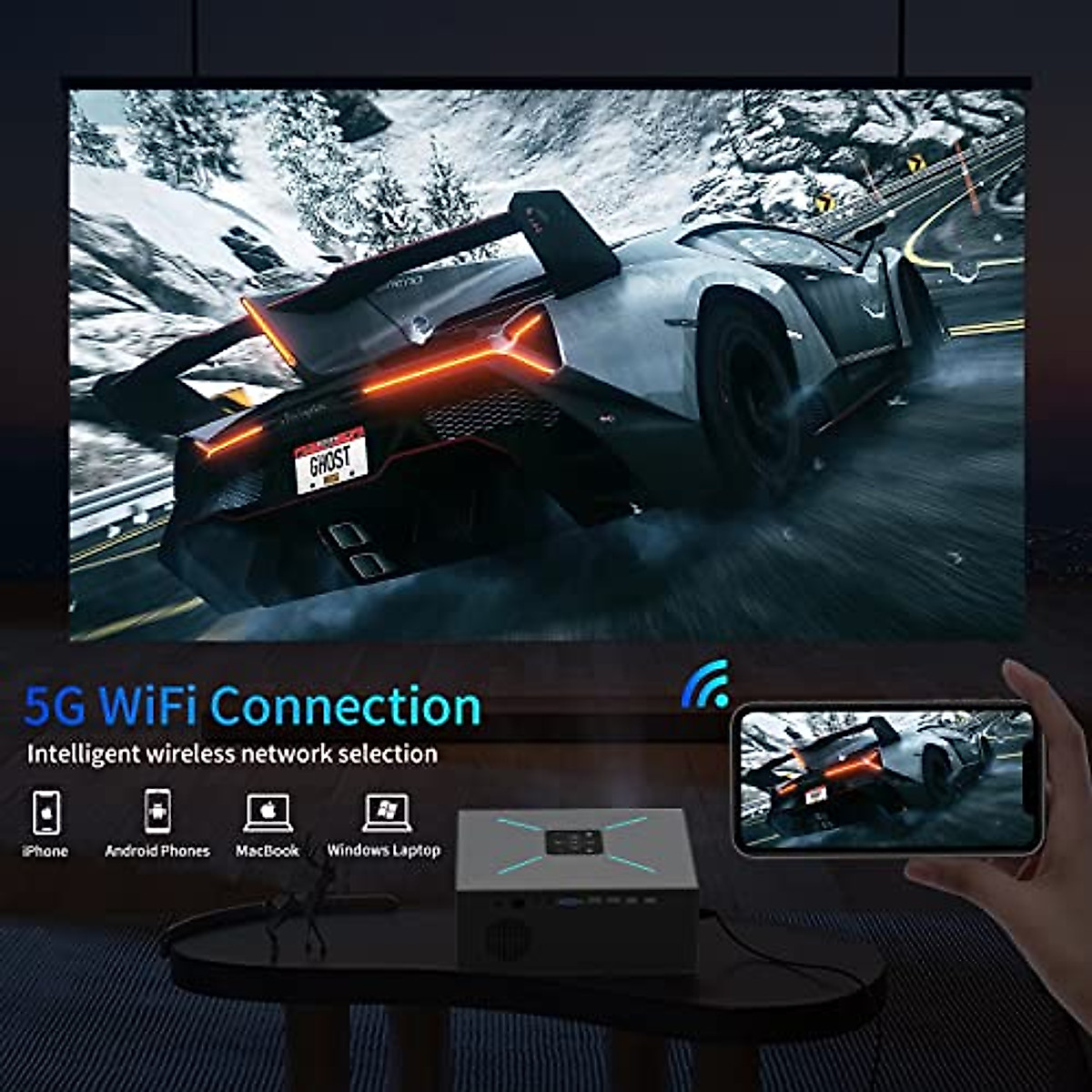 Native 1080P 5G WiFi Bluetooth Projector 4K Support.1200ANSI Movie Outdoor Projector Supprot Software udpated,Max500 Display,±50°4P/4D Keystone,50% Zoom,PPT,4K Projector TV Stick,iOS,Android,Win/PS5