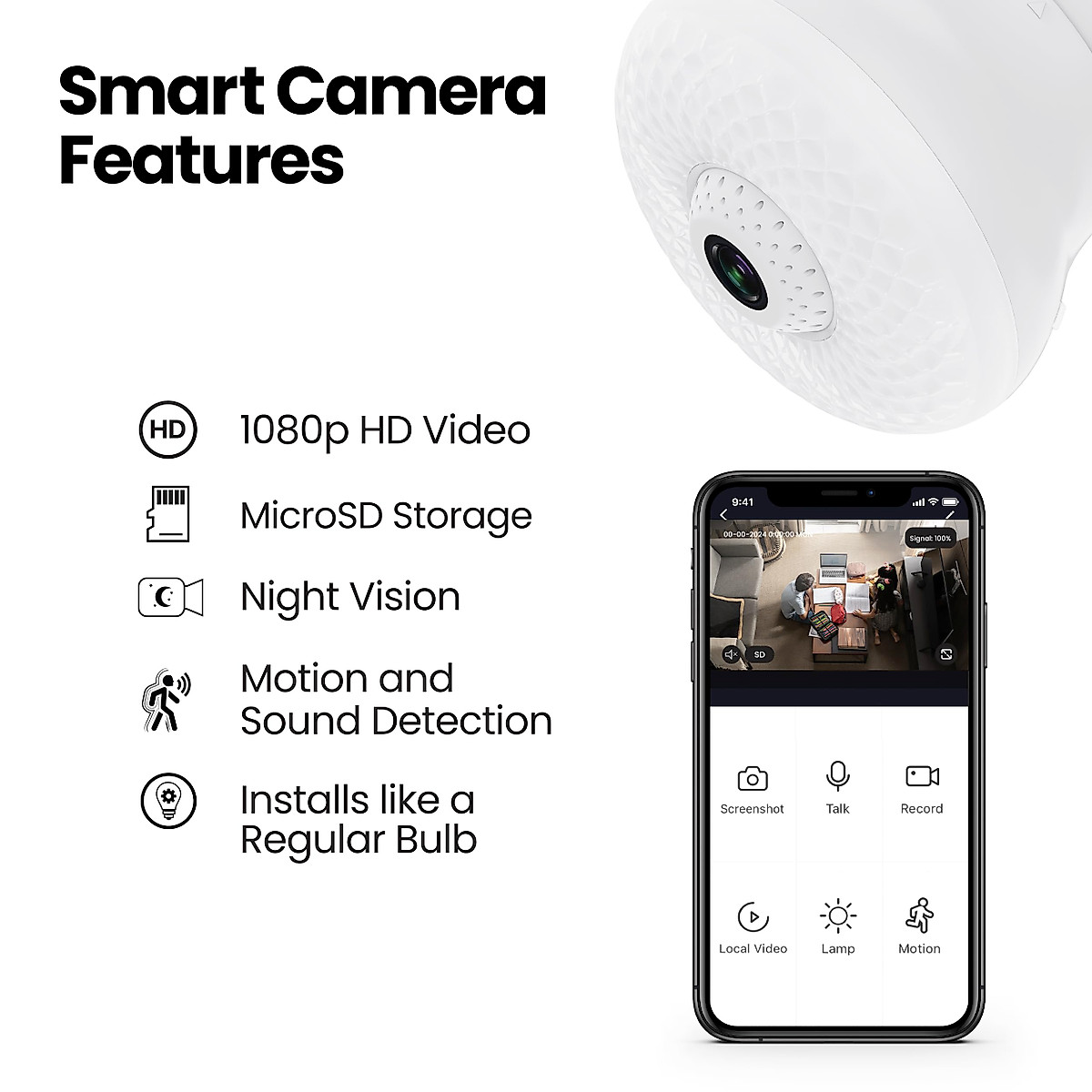 Feit Electric Smart Rotating Light Bulb with Wireless Camera, Motion Sensor, Night Vision, and 2-Way Speaker, 40W Equivalent, E26 Base, 5000K Daylight, 15,000-Hour Lifetime, A450/850/CAMWIFI/LED