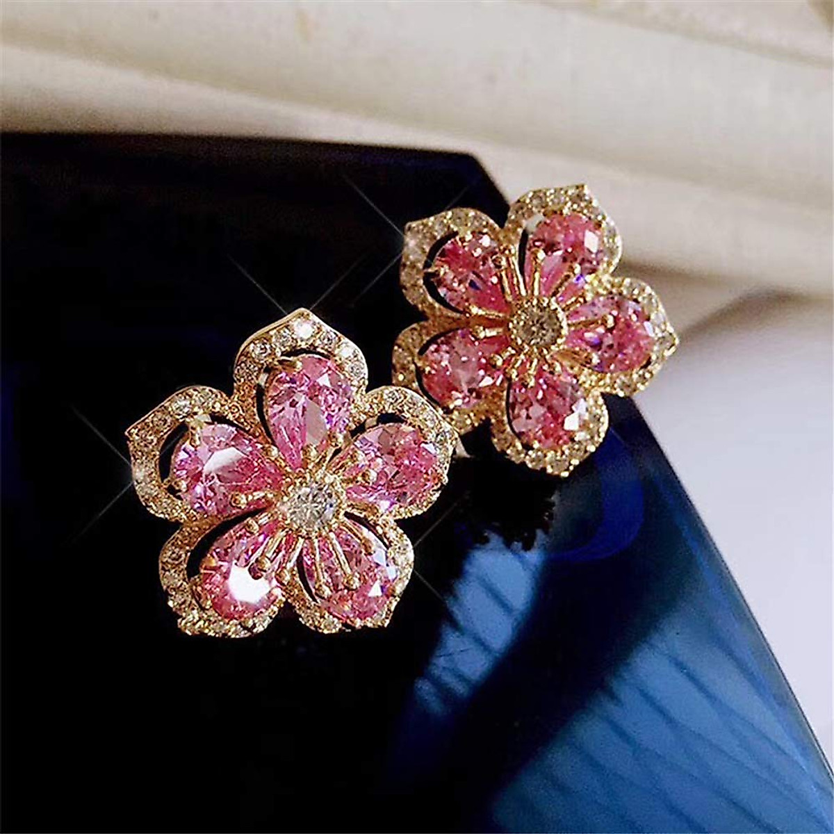DAMLENG Handmade Chic Boho Pink Rhinestone Flower Statement Stud Earrings with Gold Flower Bud for Women Sister Mom Lover and Friends (Pink)