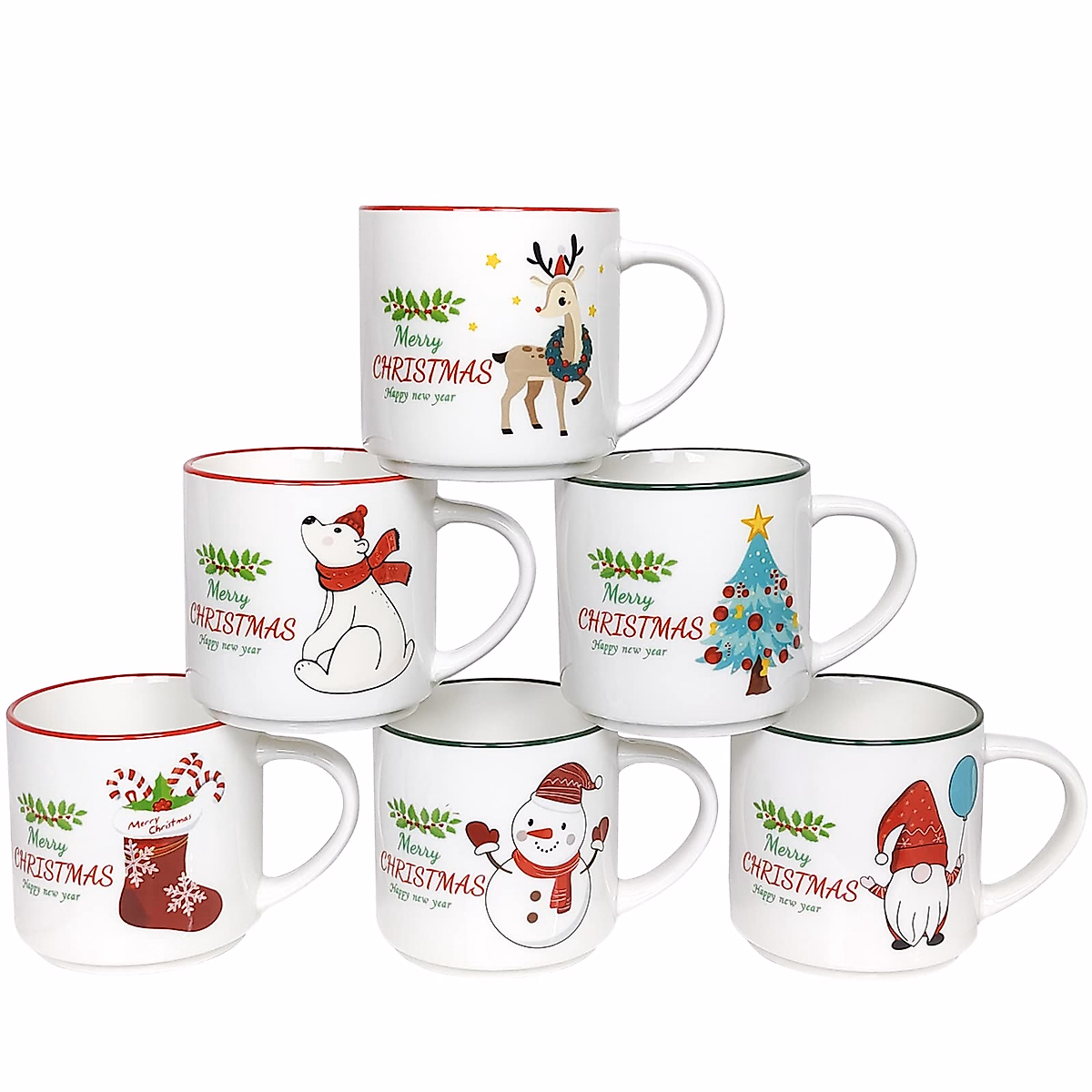 QIKSION Christmas Mugs Set of 6, 14oz Cute Ceramic Coffee Mugs, Stackable Christmas Coffee Mugs as Christmas Gifts for Family, Friends and Colleagues