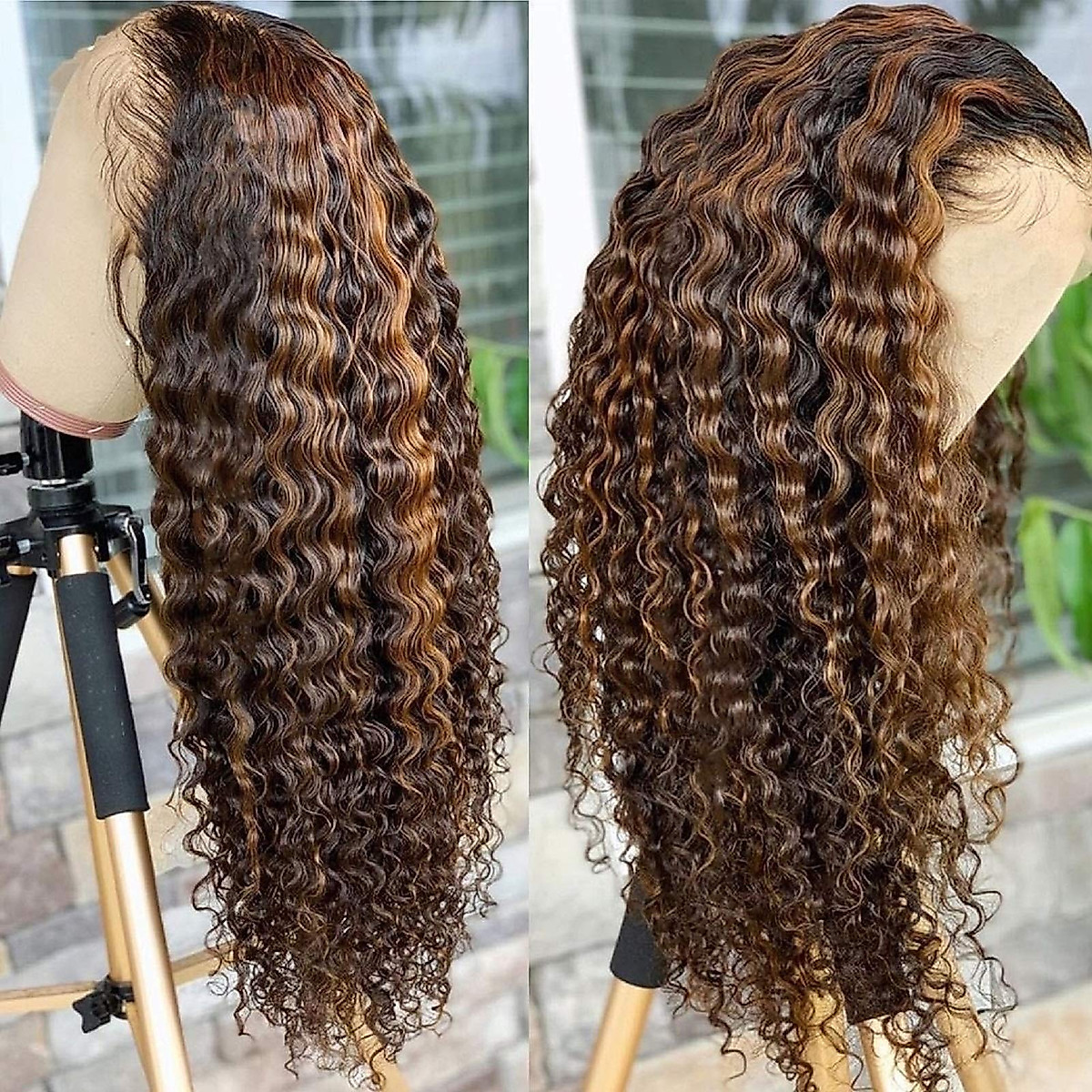 BLY Highlight Human Hair Lace Front Wigs Deep Wave #4/27 Ombre Colored Glueless Wigs Pre Plucked 18 Inch 4x4 Transparent Curly Water Wave Lace Wig Honey Blonde Real Human Hair 180% Density