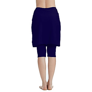 MAXE Women Swim Skirt with Legging Sun Protective UPF 50+ Swimming Tight Attached Skort Capris Navy Small