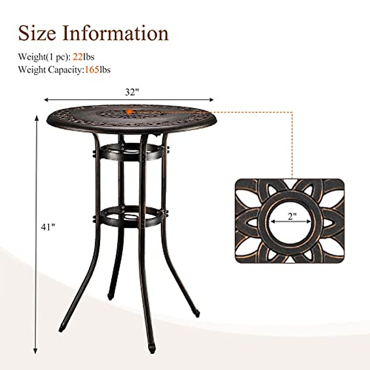 VINGLI Outdoor Bar Table, Bar Height Patio Table with Umbrella Hole Patio Dining Table, Cast Aluminum Tall Outdoor Table Bistro Table Outdoor Furniture Garden Table (32" Diax41 H)