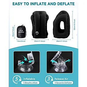 JefDiee Inflatable Travel Pillow, Airplane Neck Pillow Comfortably Supports Head and Chin for Airplanes, Trains, Cars and Office Napping with 3D Eye Mask, Earplugs and Portable Drawstring Bag (Black)