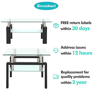 Kennkari Coffee Table with Storage, Table for Living Room, Modern Glass Coffee Table, Rectangular Coffee Table for Home Living Room, Clear Coffee Table, Easy Assembly (Transparent+Black)