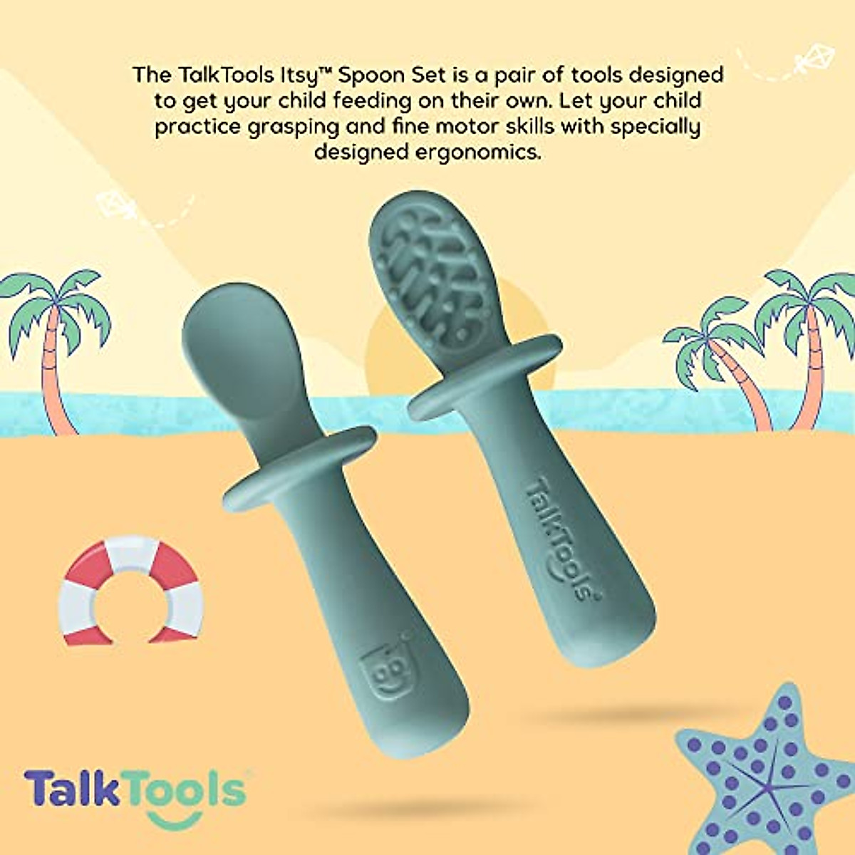 TalkTools Itsy Tiny Silicone Spoons – Twin Pack Soft Silicone Self-Feeding Training Spoons for Kids & Toddlers, Anti-Choking Flange Guard and Non-Slip Handle (Sage)