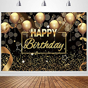 Sensfun Black Gold Happy Birthday Backdrop Sparkle Glitter Golden Balloon Bokeh Circles Dots Photography Background Men Women 30th 40th 50th 60th Birthday Party Decorations Photo Banner Prop 7x5ft