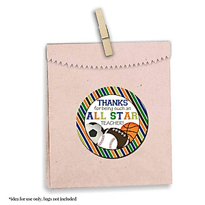 All Star Teacher Sports Themed Teacher Appreciation Thank You Sticker Labels, 40 2" Party Circle Stickers by AmandaCreation, Great for Envelope Seals & Gift Bags