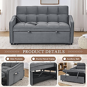 JEEOHEY 3 in 1 Convertible Sleeper Sofa Bed,52" Modern Velvet Pull Out Couch Bed with USB&Type-C Charging Ports,Futon Tufted Love Seat with Adjustable Backrest for Living Room,Office,Bedroom(Grey)
