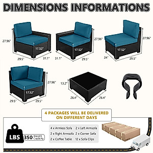 12 Piece Modular Wicker Outdoor Patio Sectional Furniture Sofa Set w/ Cushion, Outdoor Conversation Couch Set with Sloping Backrest and Wide Arm for Patio, Garden(Black Frame / Peacock Blue Cushion)