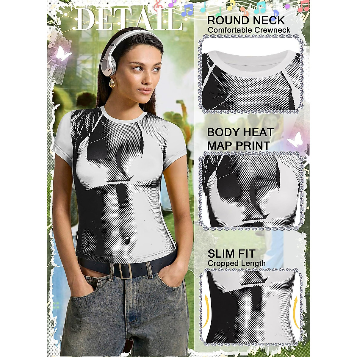 Women's 3D Body Print Crop Tops - Y2k Bikini Boob Graphic Tee Shirt Aesthetic Heat Map Sexy Festival Concert Outfit(ShortWhite,XL,10821e)