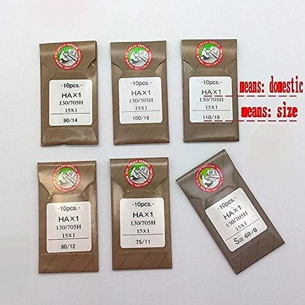 Bequilter 60pcs(10PCS Each Size) Organ Flat Shank Home Sewing Machine Needles 15X1 HAX1 130/705H Size 8,11,12,14,16,18 for Brother Singer