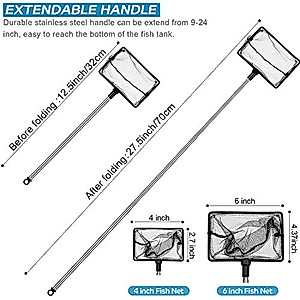 2 Pieces Mesh Fish Tank Net Aquarium Fish Net 4 Inch Stainless Steel Fish Net with Extendable 12.5-27.5 Inch Long Handle Fish Catch Nets Fish Tank Aquarium Accessories