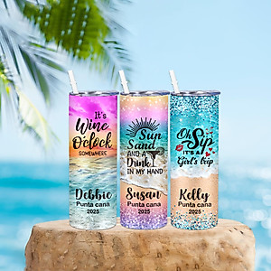Personalized Girls Trip Tumblers with Name - Custom Beach Vacation Tumbler with Lid and Straw, Girls Weekend Gifts for Women, 2025 Girls Trip Gifts, Family Trip Gift, Bachelorette Trip Vacation Cups
