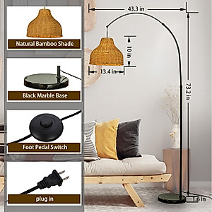 ALOADECOR 75" 1-Light Matte Black Arc Floor Lamp with Brown Rattan Shade and Marble Base Farmhouse Rattan Floor Lamp for Living Room Dining Room Bedroom