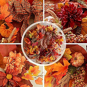 Fall Wreath for Front Door, 24 Inch Fall Door Wreath with Wreath Hanger, Autumn Pumpkin Wreath for Fall Decor Outdoor Indoor, Thanksgiving Day, Fall Decorations for Home