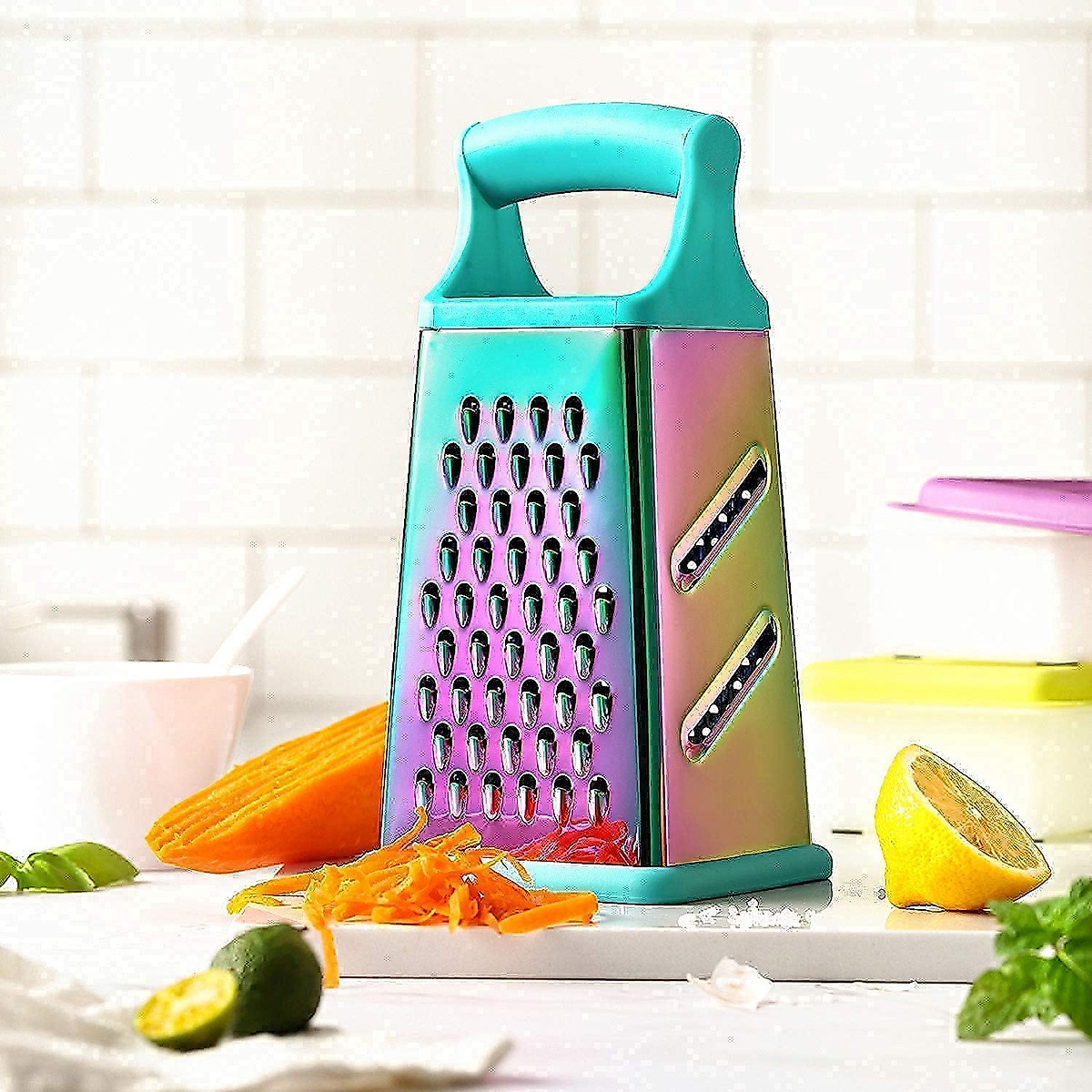 Rainbow Color Cutlery Knife Set, Marco Almond KYA27 Kitchen Knives Set with Wooden Block Plugs Professional Rainbow Color Box Grater,Stainless Steel Grater Slicer 5 PCS Set