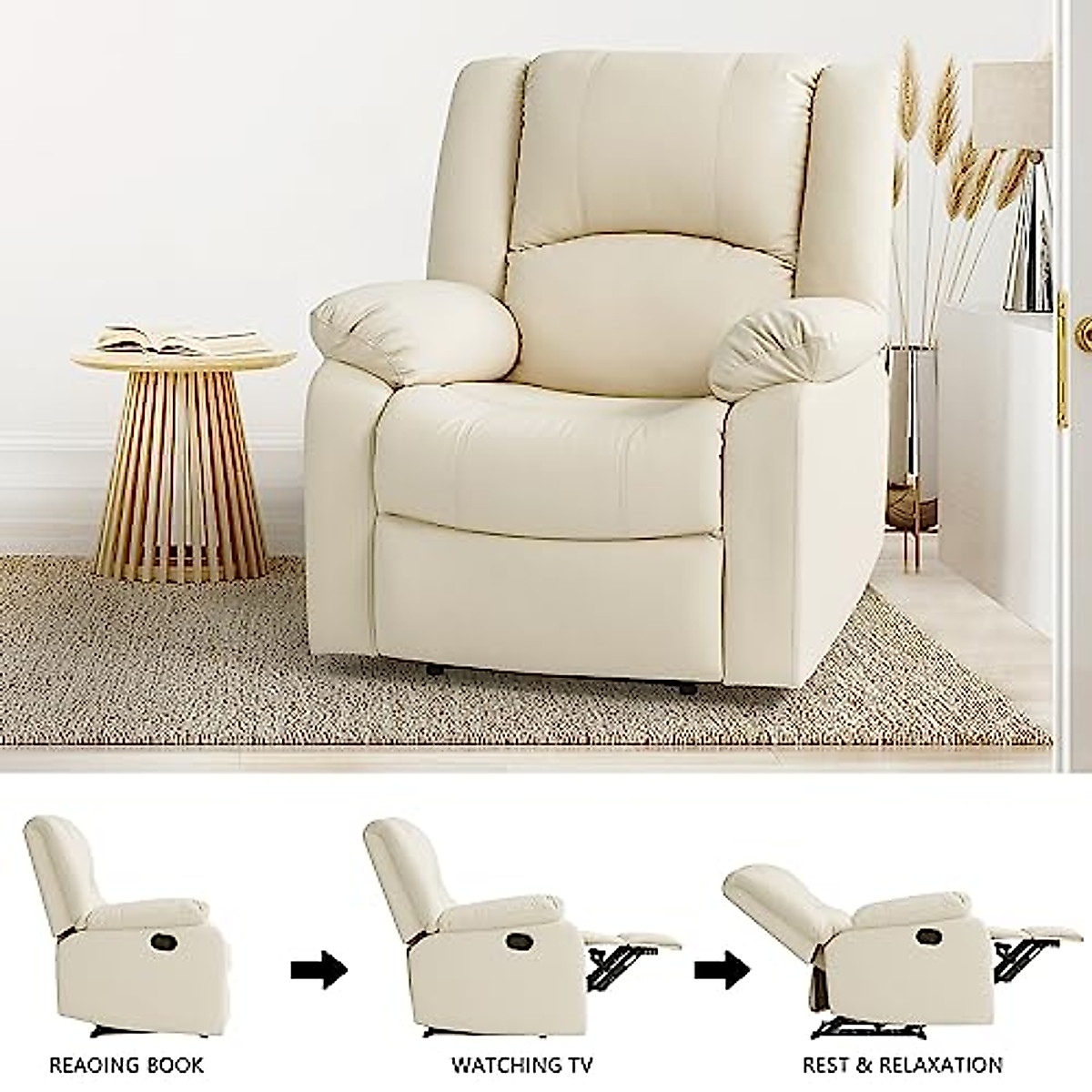 YuuYee Recliner Chair, Manual Recliners, Leather Reclining Chairs for Living Room with Overstuffed Arm and Back, Soft Armchair for Bedroom, Home Theater Lounge Seat, Beige