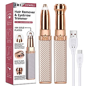 Eyebrow Trimmer & Facial Hair Removal for Women, 2 in 1 Eyebrow Razor and Painless Hair Shaver Rechargeable for Face Peach Fuzz, Eyebrow, Lips, Body, Chin, Arms with Built-in LED Light (Rose Gold)
